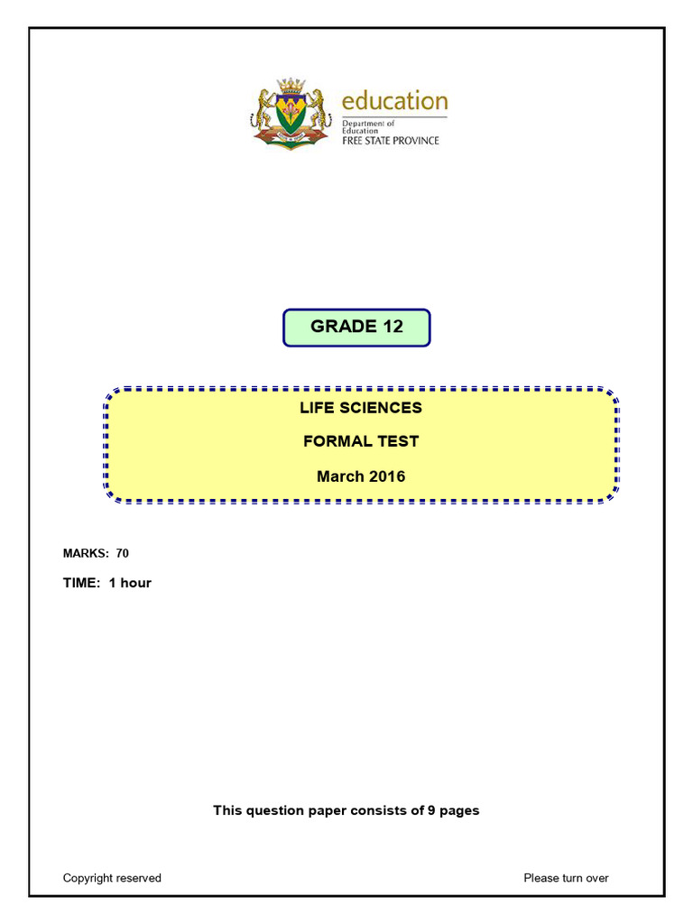 Grade 12 Test March 2016 ENG 1709826386 | PDF | Meiosis | Cell Biology