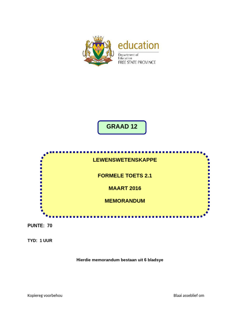 Graad 12 Toets Maart 2016 MEMO 1709826465 | PDF