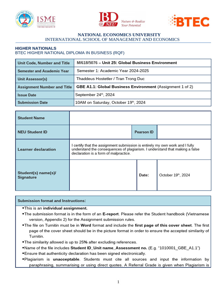 GBE Assignment Brief A1.1 Fall 2024 | PDF | Career & Growth | Finance & Money Management
