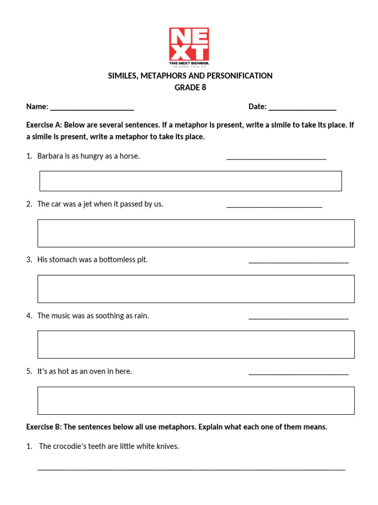 Similes and Metaphors Exercises for Grade 8 | PDF | Language Arts ...