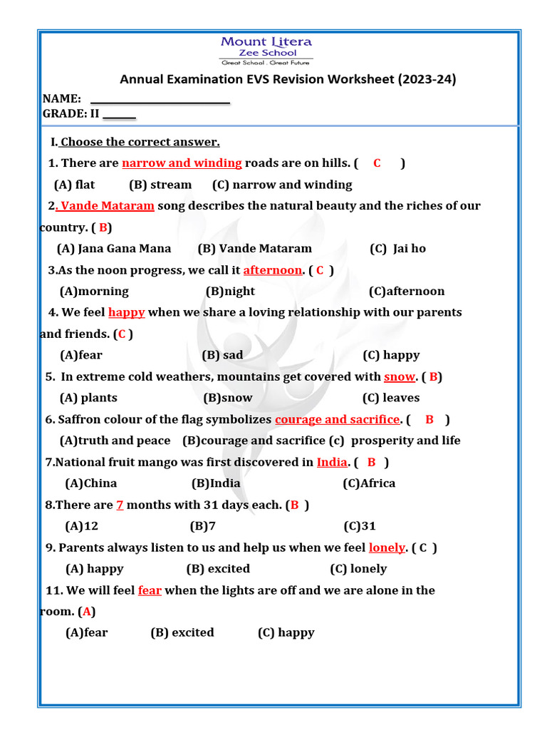 EVS Revision Worksheet for Grade II | PDF