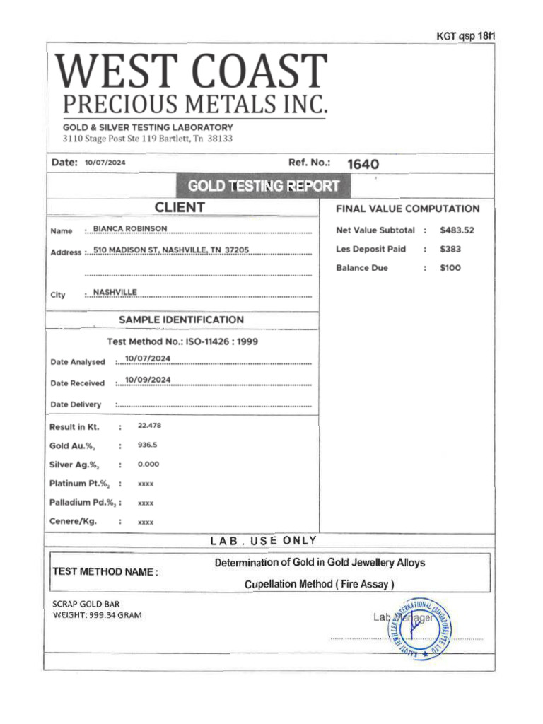 Gold Testing Report | PDF