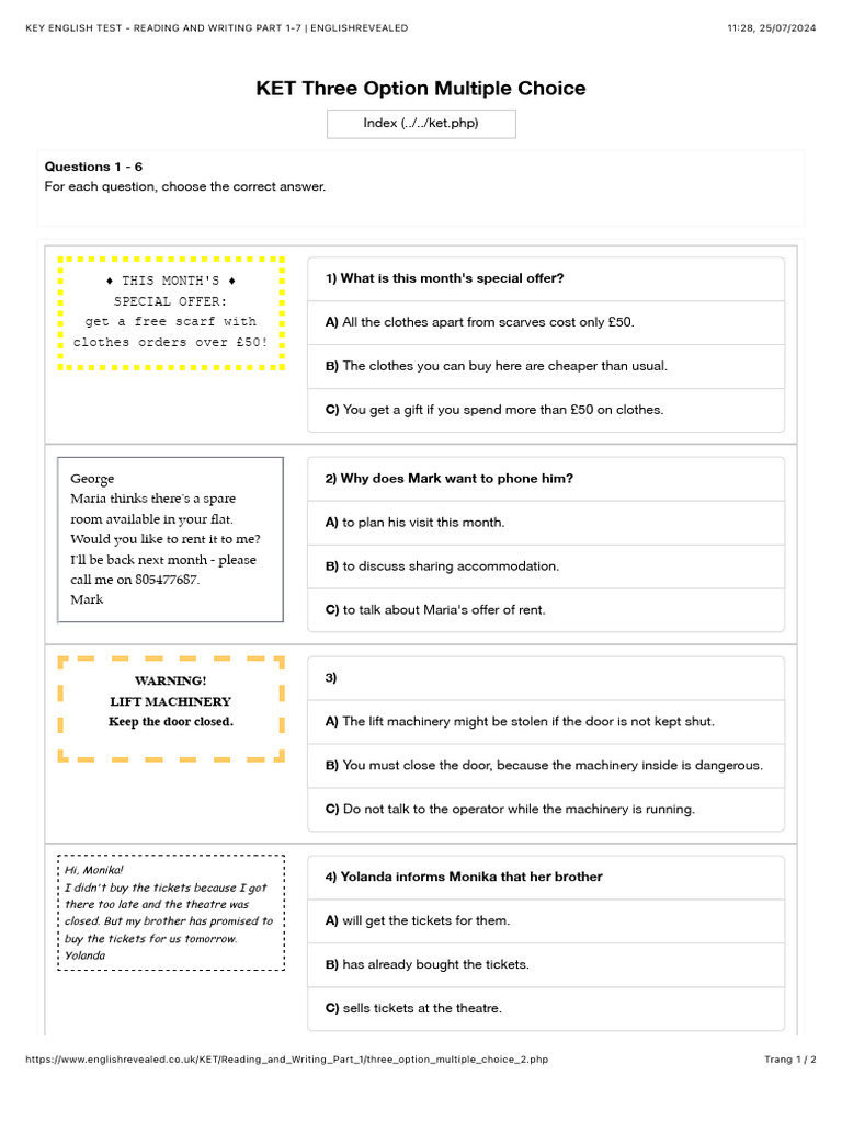 Key English Test - Reading and Writing Part 1-7 - Englishrevealed | PDF