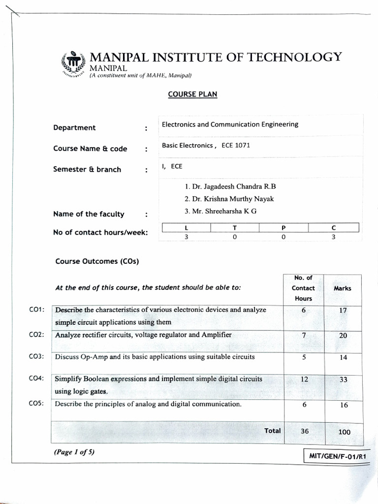 Basic Electronics (ECE 1071) Course Plan (Sem-I) MIT | PDF