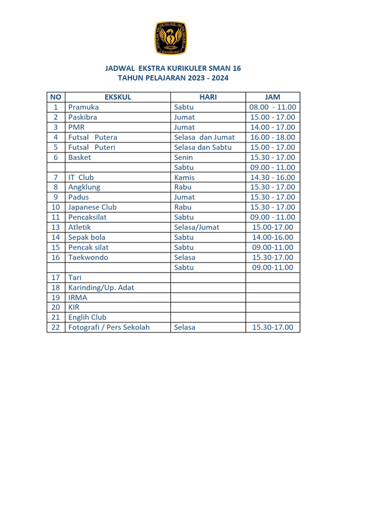 Jadwal Ekskul 2023 | PDF | Olahraga & Rekreasi