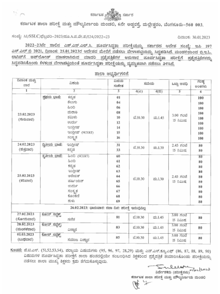 Time Table SSLC Prep Exam 2023 | PDF