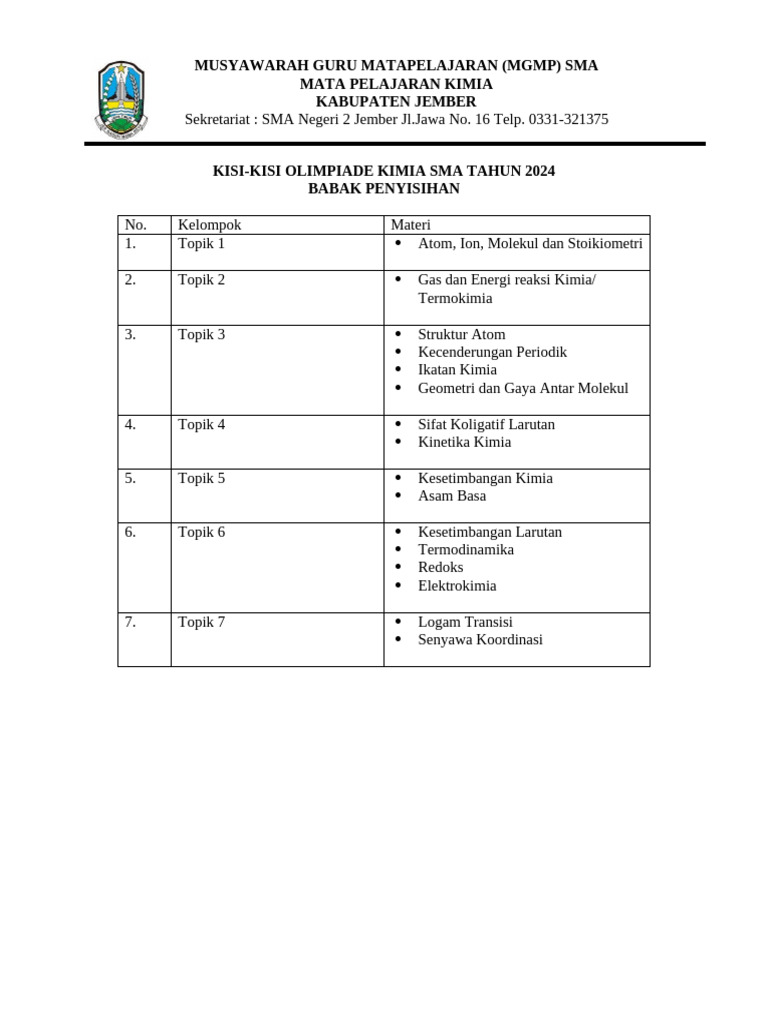 Kisi Kisi Olimpiade Kimia 2024-2 | PDF