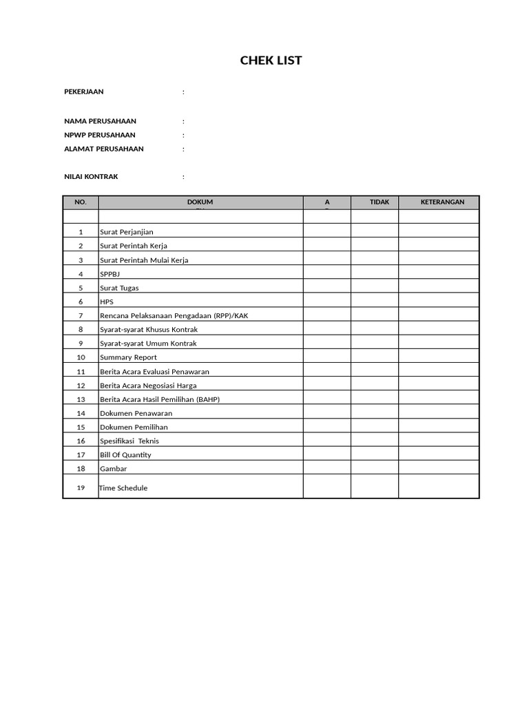 Chek List Kontrak | PDF