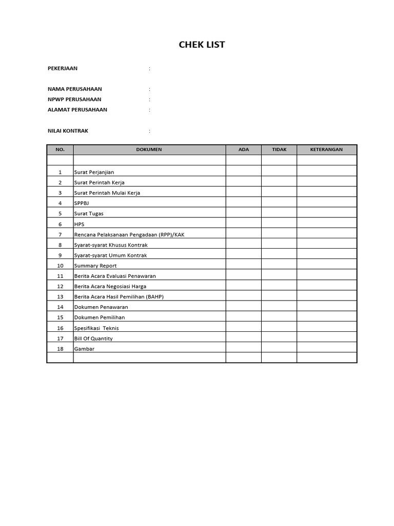 Chek List Kontrak | PDF
