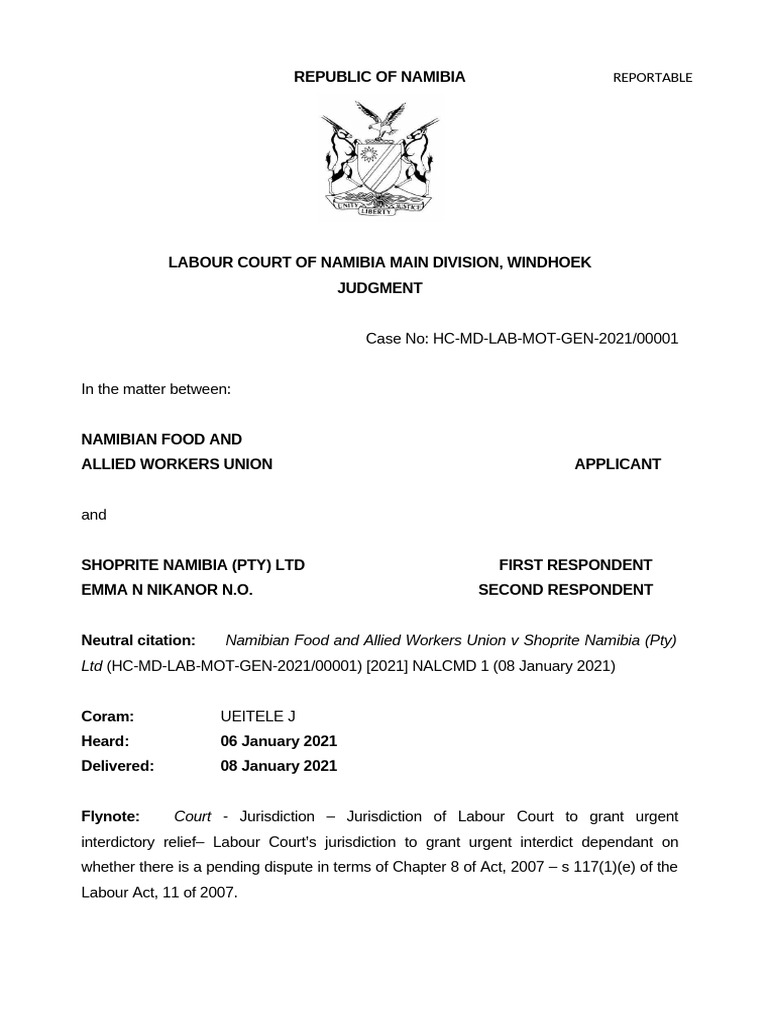Namibia Labour Court Ruling on Strike | PDF | Strike Action | Employment
