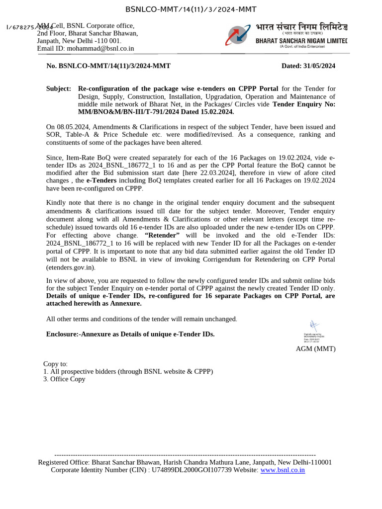 BSNL Tender Reconfiguration Notice | PDF | Economy Of India ...