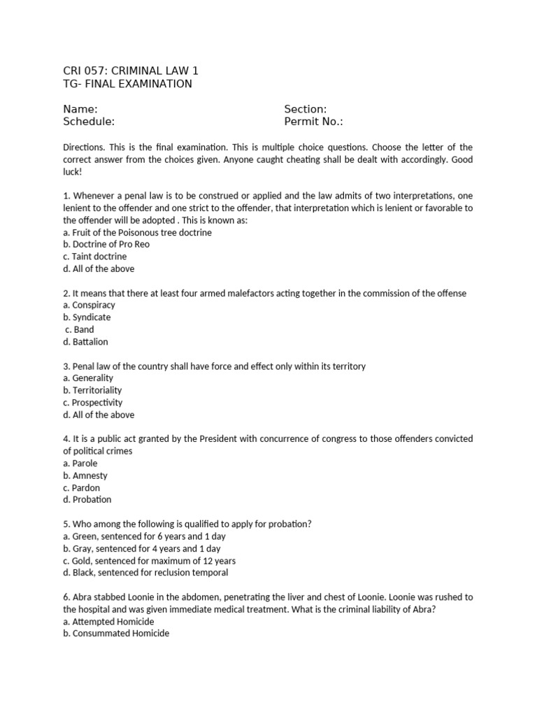 Criminal Law 1 Final Examination AU Without Answer | PDF | Criminal Law ...
