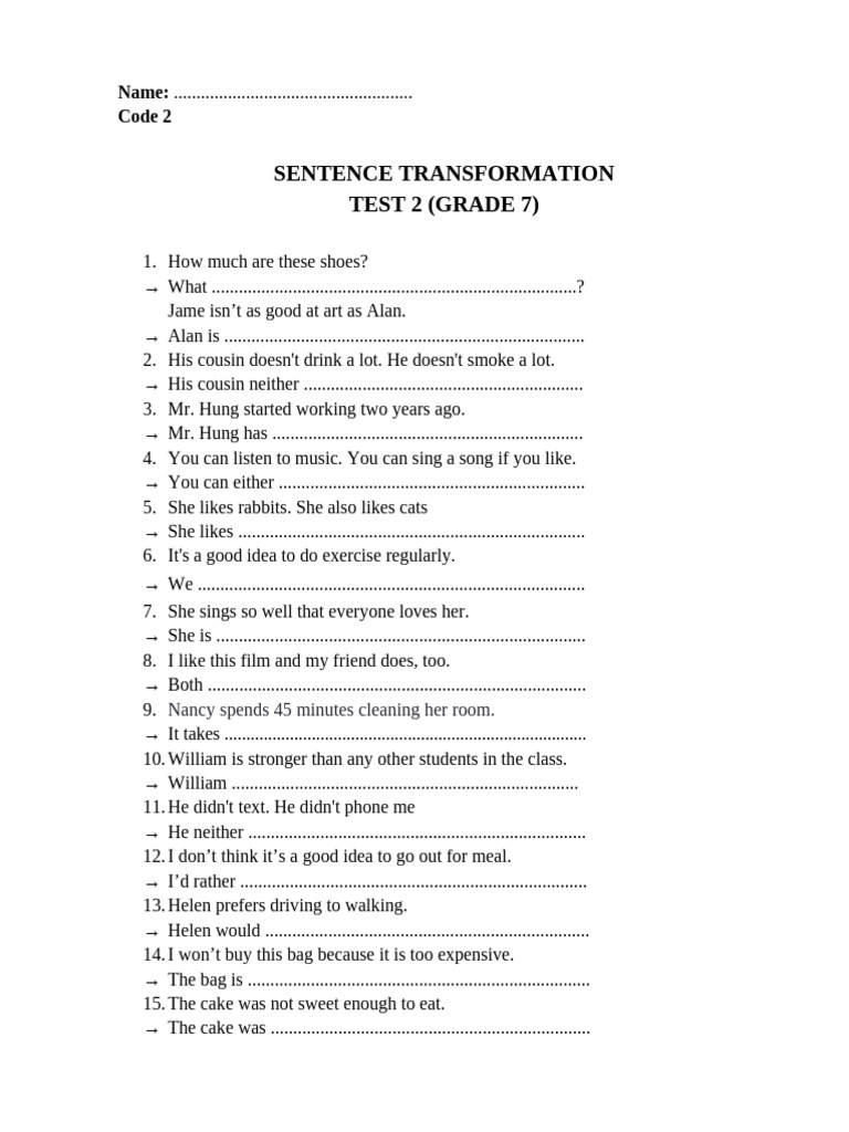 Grade 7 Sentence Transformation | PDF