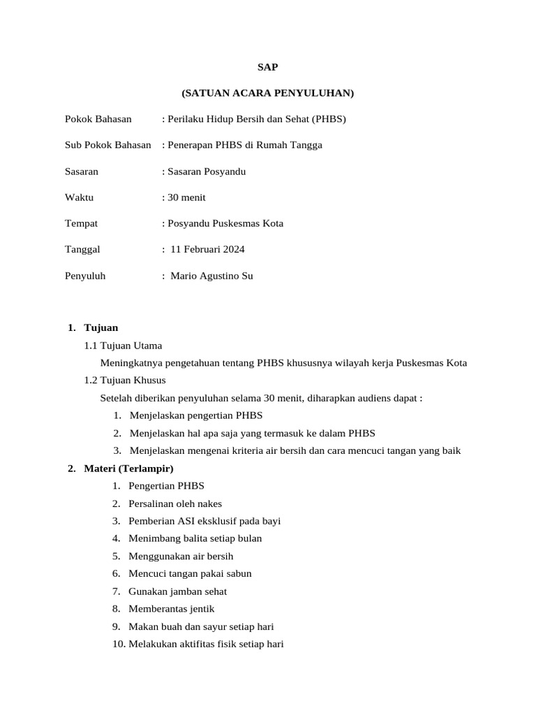 SAP Penyuluhan PHBS | PDF