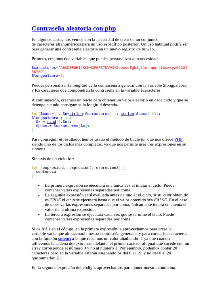 Contraseña Aleatoria Con PHP | PDF | Contraseña | Variable (informática)