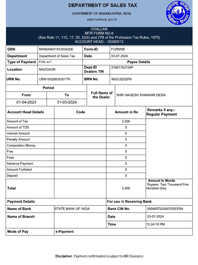 Nagesh Ptax Challan Pay Copy 2023-24 | PDF