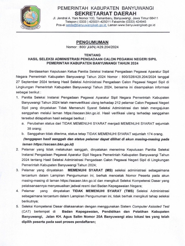 Pengumuman Hasil Seleksi Administrasi Pasca Sanggah | PDF