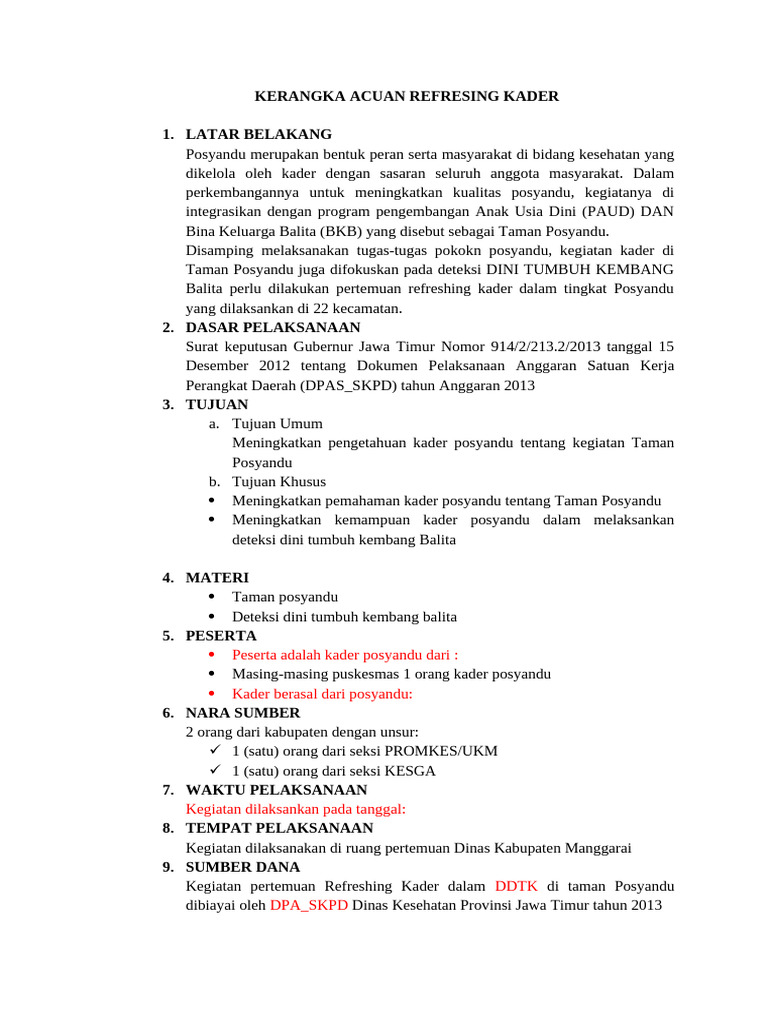 Kerrangka Acuan Refreshing Kader | PDF