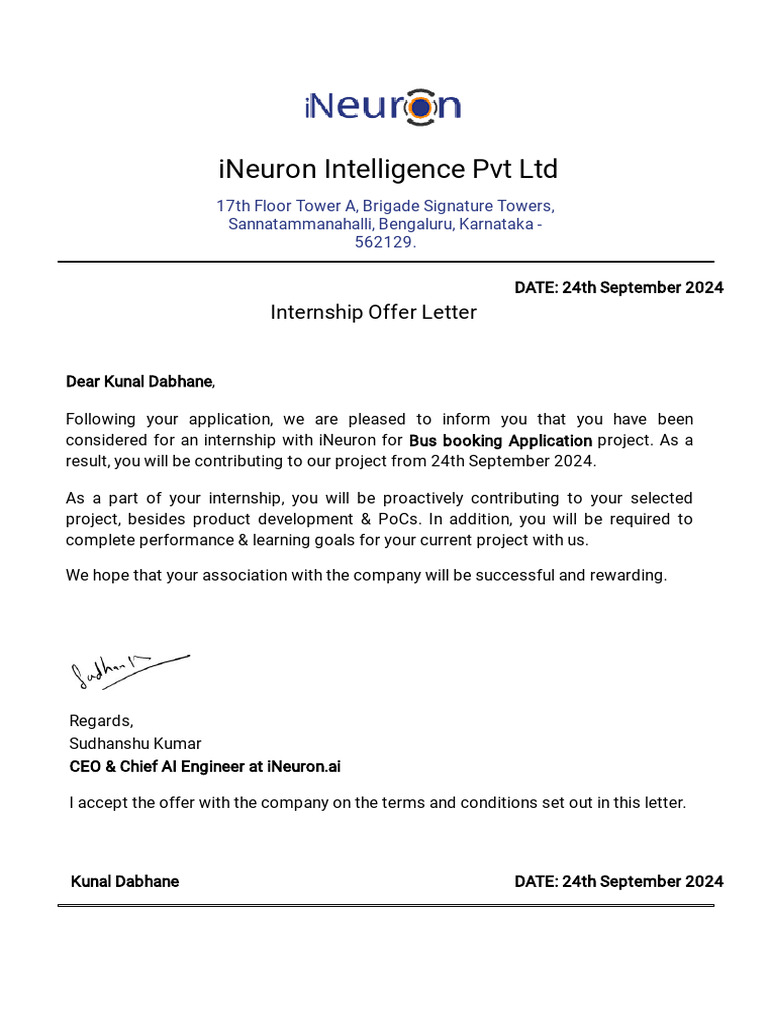 Ineuron Intelligence PVT LTD: Internship Offer Letter | PDF