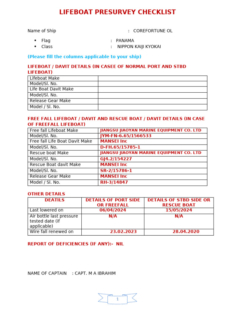 Life boat - pre survey checklist | PDF