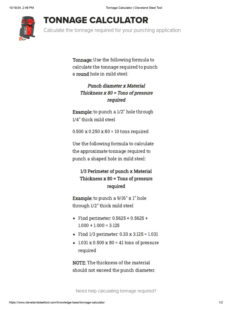 Tonnage Calculator - Cleveland Steel Tool | PDF