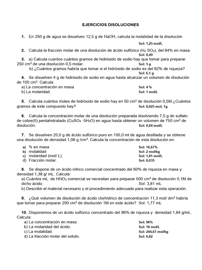 Ejercicios disoluciones (1)q | PDF | Concentración | Agua