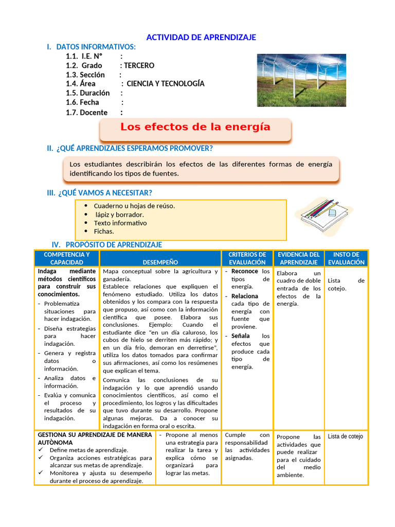 D2 A3 SESIÓN CT. Los Efectos de La Energía | PDF | Energía renovable | Aprendizaje