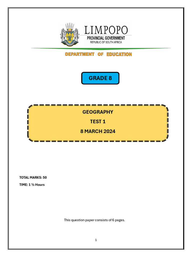 Grade 8 Geography Term 1 Test 2024 | PDF | Earth | Latitude