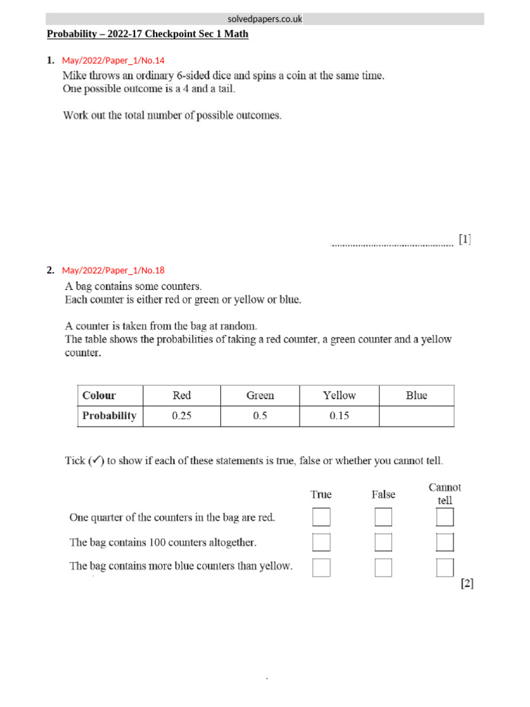 2022 17-Probability-Checkpoint Sec 1-Mathematics | PDF | Mathematics | Science