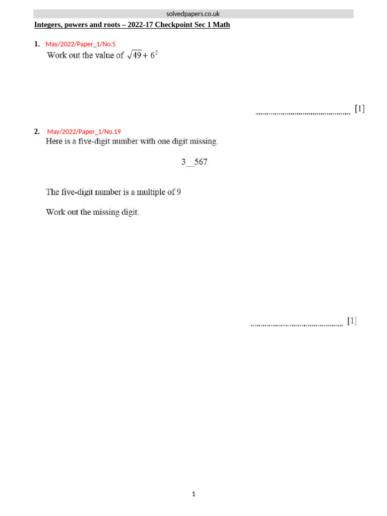 2022 - 17 Integers Powers and Roots Numbers Checkpoint - Sec - 1 Mathematics | PDF | Mathematics ...