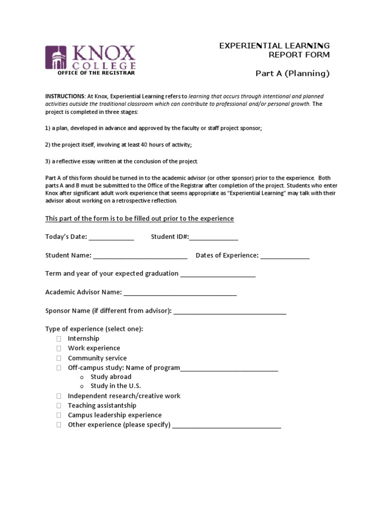 Experiential Learning Report Form Part A (Planning) | PDF | Experiential Education | Quality Of Life