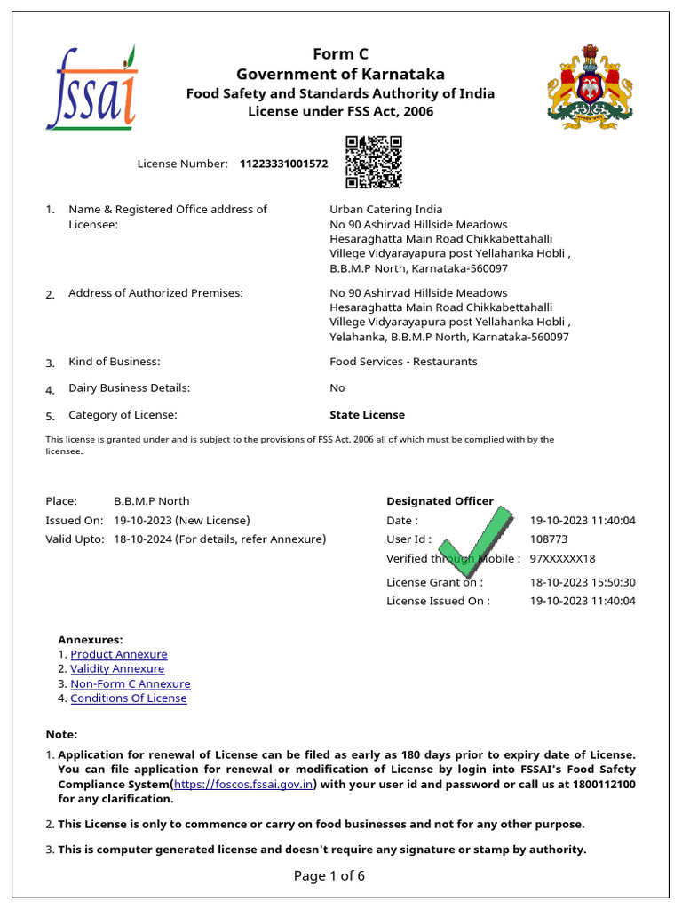 Karnataka Food License Details | PDF | License | Cooking Oil