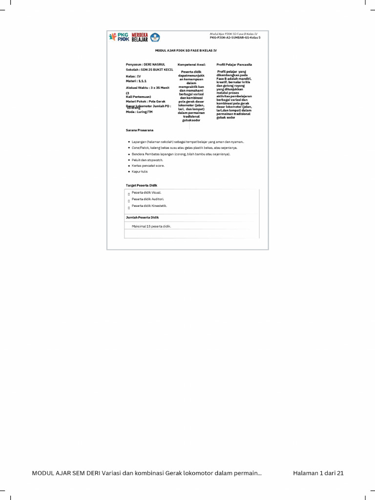 Ok MODUL AJAR SEM DERI Variasi Dan Kombinasi Gerak Lokomotor Dalam Permainan Gobak Sodor PDF | PDF