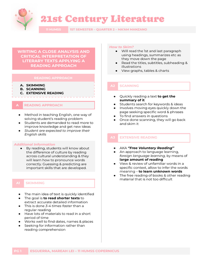 Q2 21st Century (Reading Approach) Printable - Notes | PDF | Speed ...
