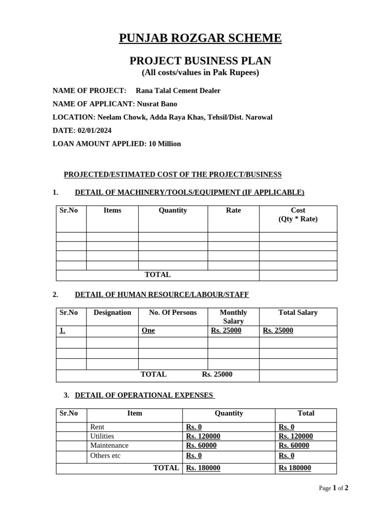 Project Business Plan Format 23102020 | PDF | Revenue | Expense