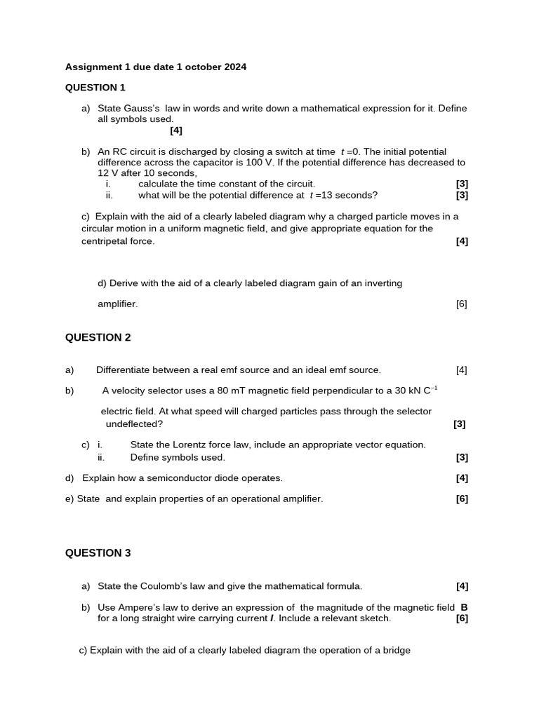 Assignment 1 Nov 2024 Physics For Computer Science | PDF | Magnetic Field | Force