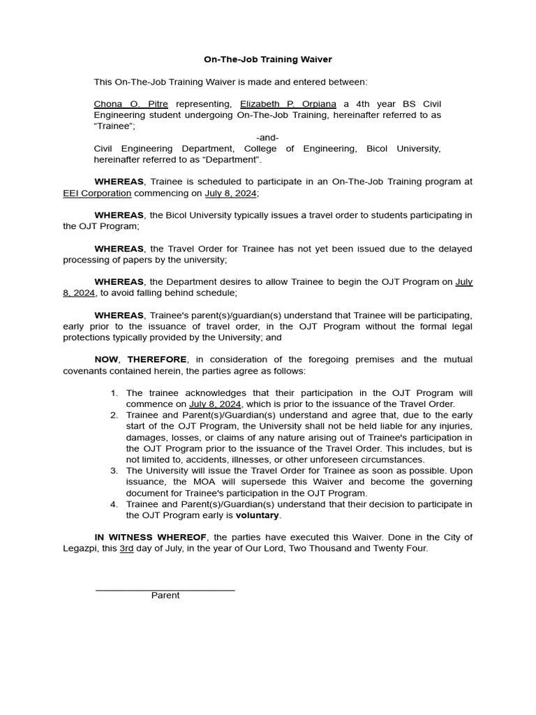 OJT Waiver Agreement for Students | PDF | Common Law | Private Law