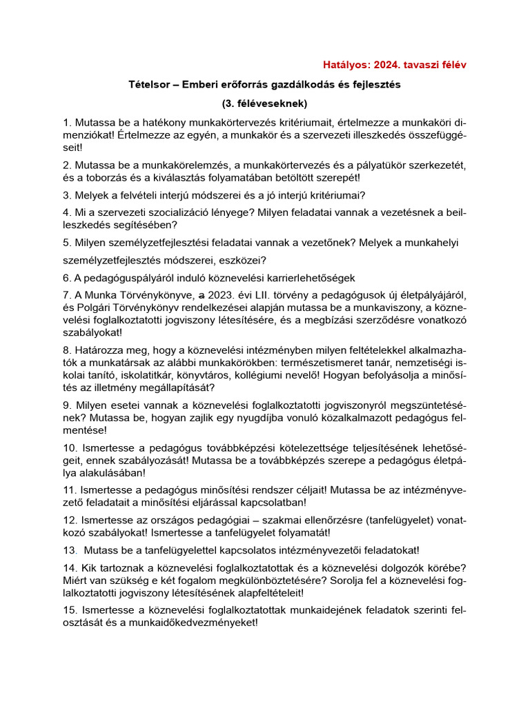 2024 Emberi Erőforrás Tételsor | PDF