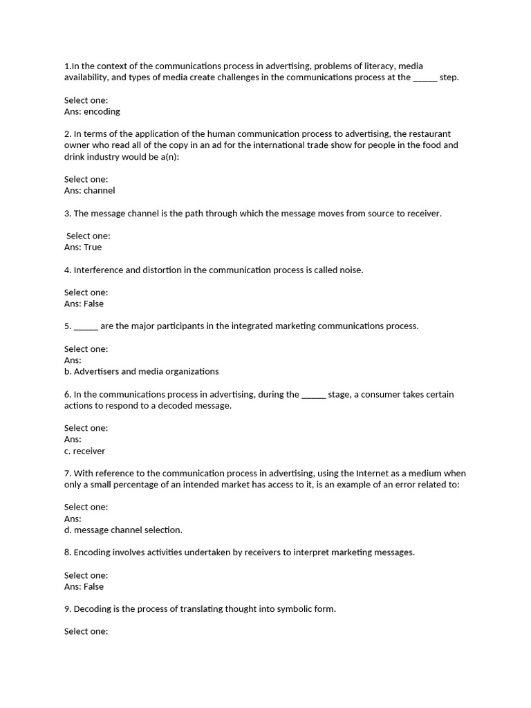 Advertising Communication Process Quiz | PDF