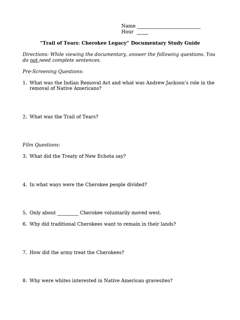 Trail of Tears Movie Questions | PDF | Travel