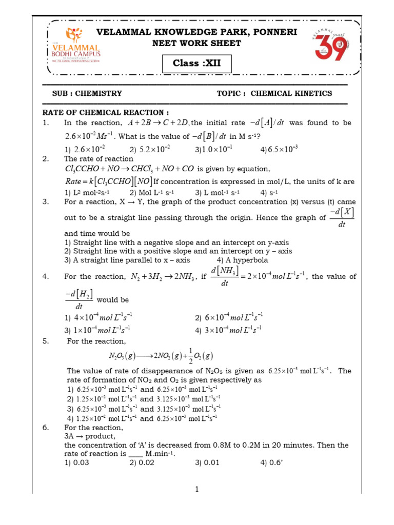 Chemical Kinetics - Chemistry Neet Worksheet | PDF | Reaction Rate ...