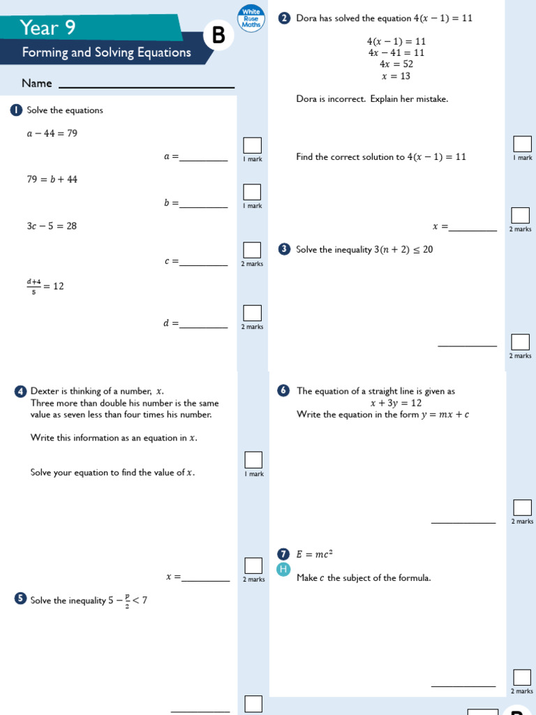WRM Y9 Autumn b2 Forming and Solving Equations Assessment B | PDF ...