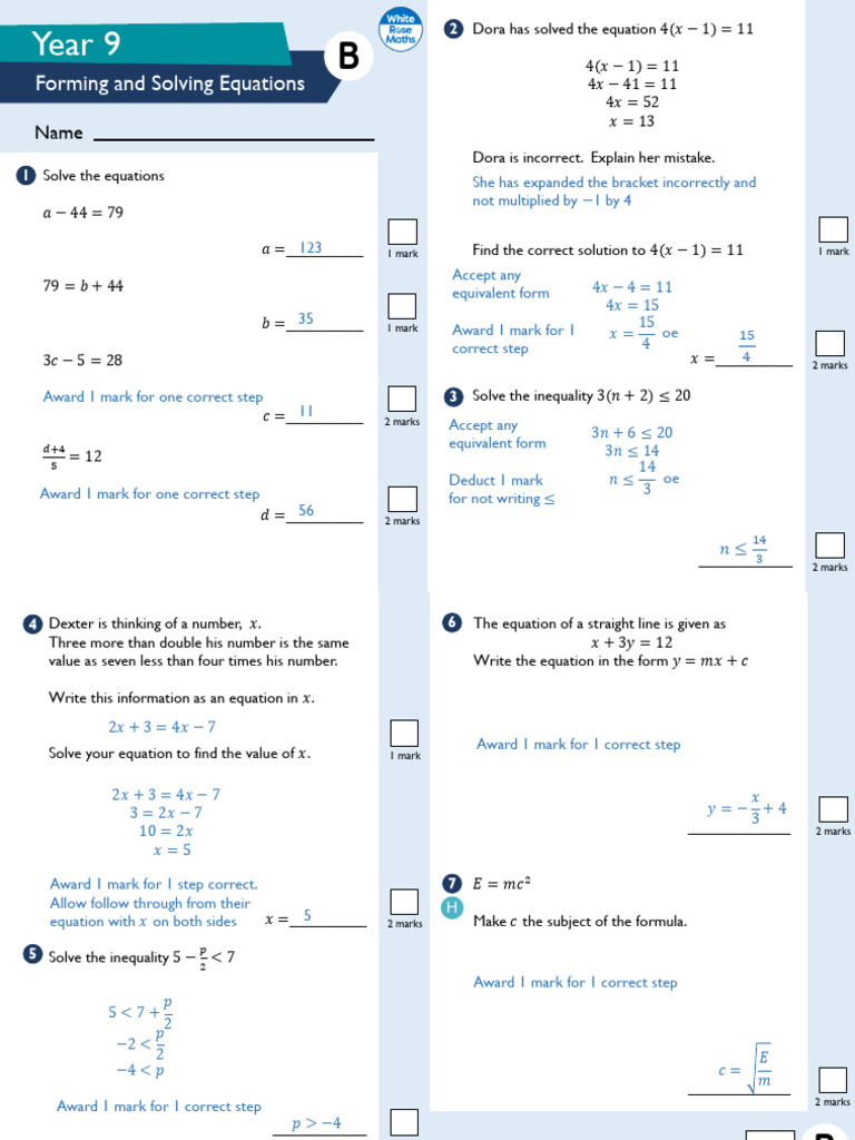WRM Y9 Autumn b2 Forming and Solving Equations Assessment Answers B | PDF | Equations | Mathematics