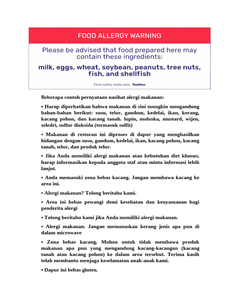 Beberapa Contoh Pernyataan Nasihat Alergi Makanan | PDF | Memasak ...