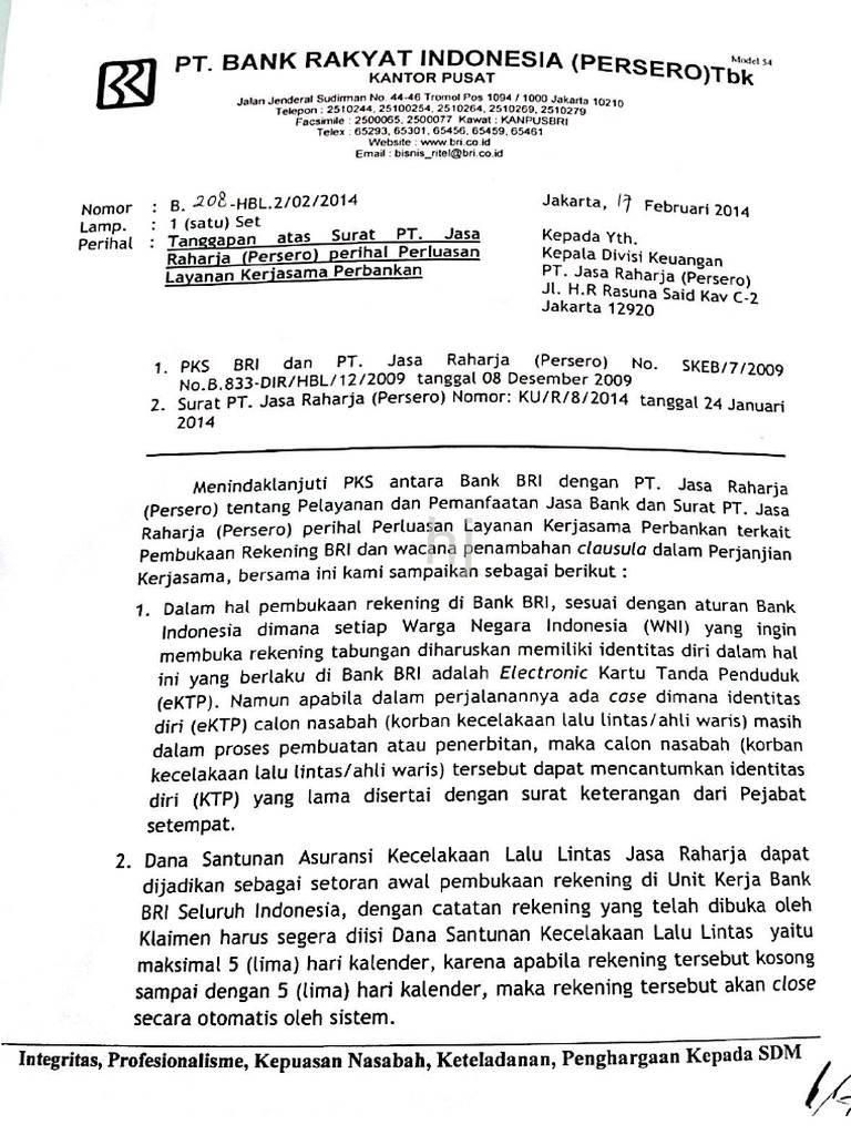 Surat BRI perluasan layanan PKS | PDF