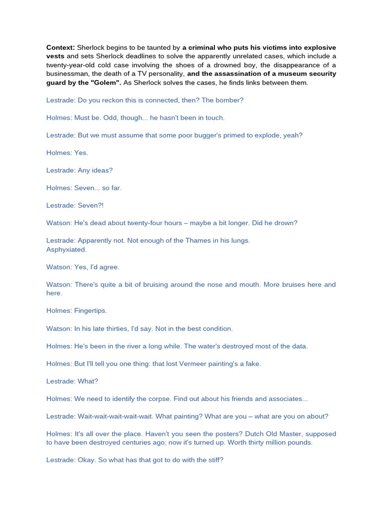 Sherlock (Homework) - Script | PDF | Sherlock Holmes | Dr. Watson