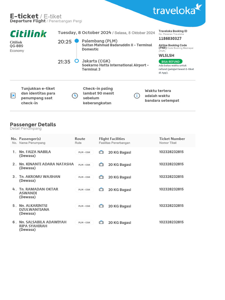 Meilinda PLM WL5L5H CGK FLIGHT - ORIGINATING | PDF