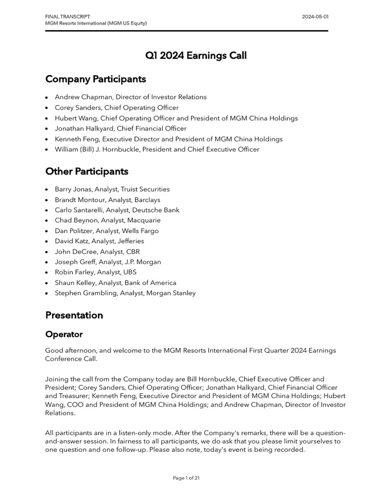 MGM Resorts International - Earnings Call 2024-5-01 DN000000003037414977 | PDF | Free Cash Flow ...