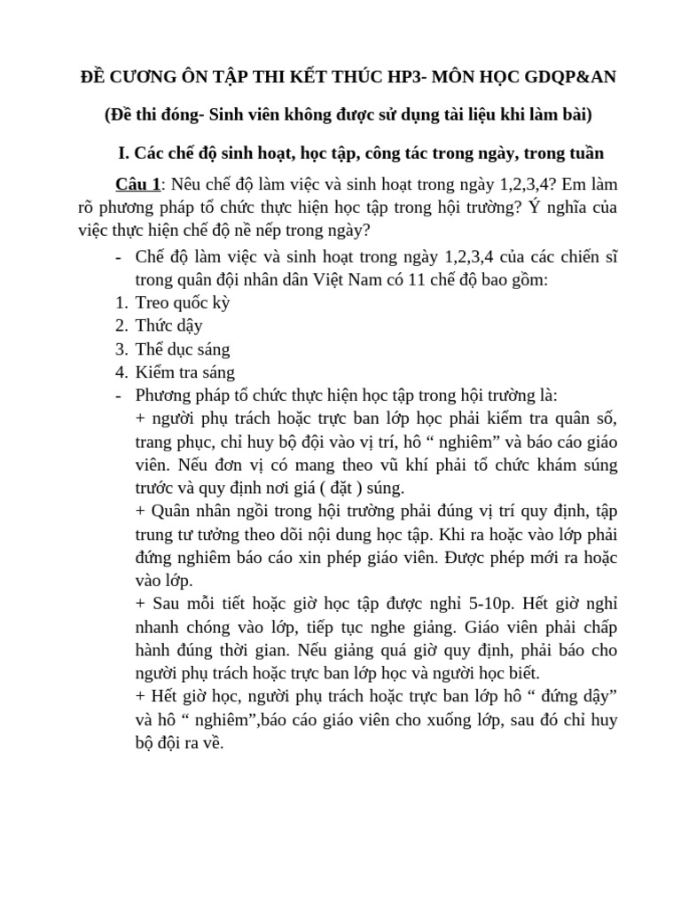 ĐỀ CƯƠNG ÔN TẬP THI KẾT THÚC HP3- MÔN HỌC GDQP&AN | PDF