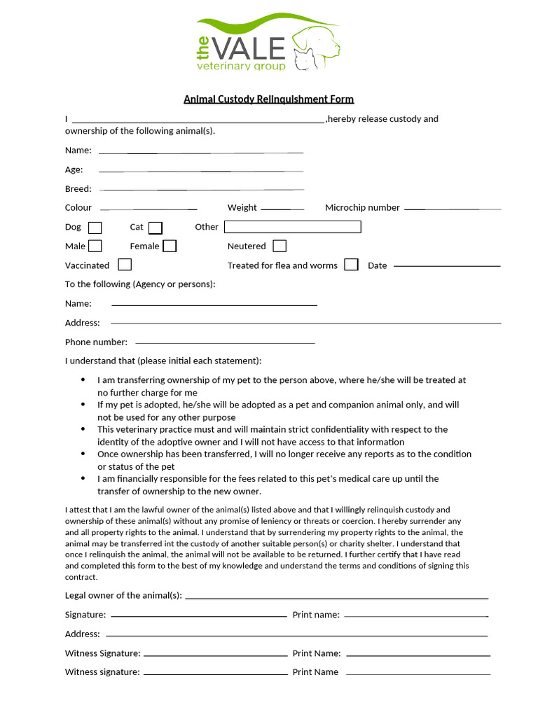 Animal Custody Relinquishment Form | PDF | Social Science | Law